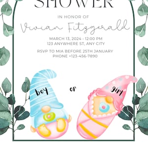 Editable Baby Gnomes, Gender Reveal Invitation Suite Templates, Diaper ...
