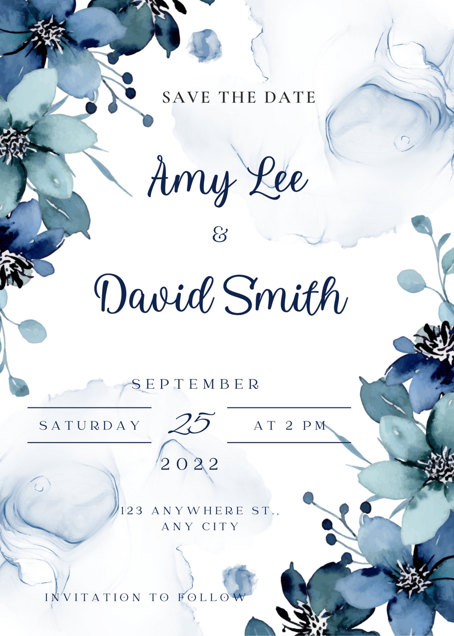 Editable Blue Floral Wedding Invitation Suite Templates, Invites, Save ...