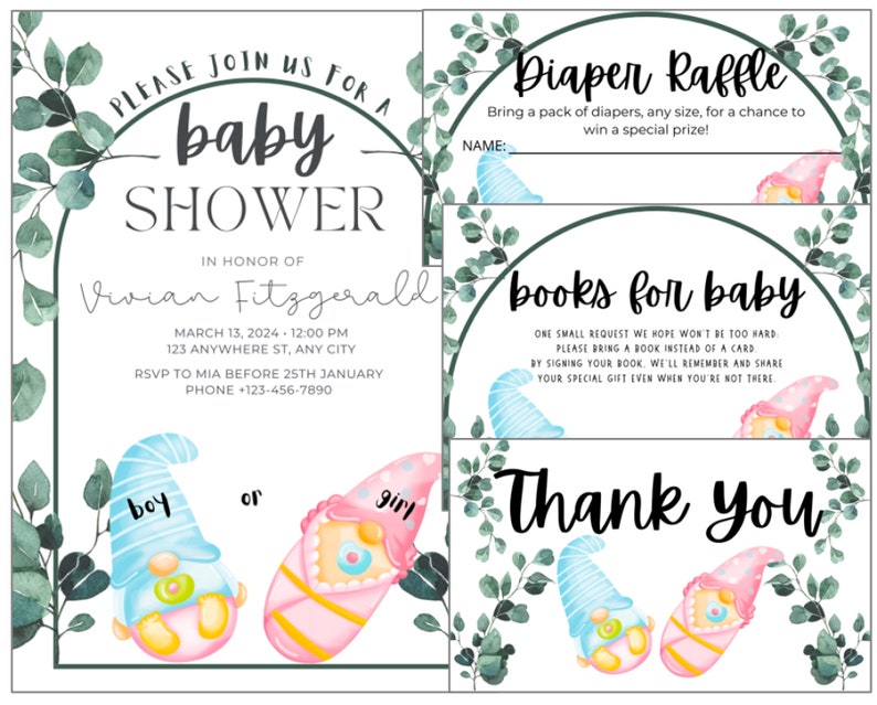 Editable Baby Gnomes, Gender Reveal Invitation Suite Templates, Diaper ...