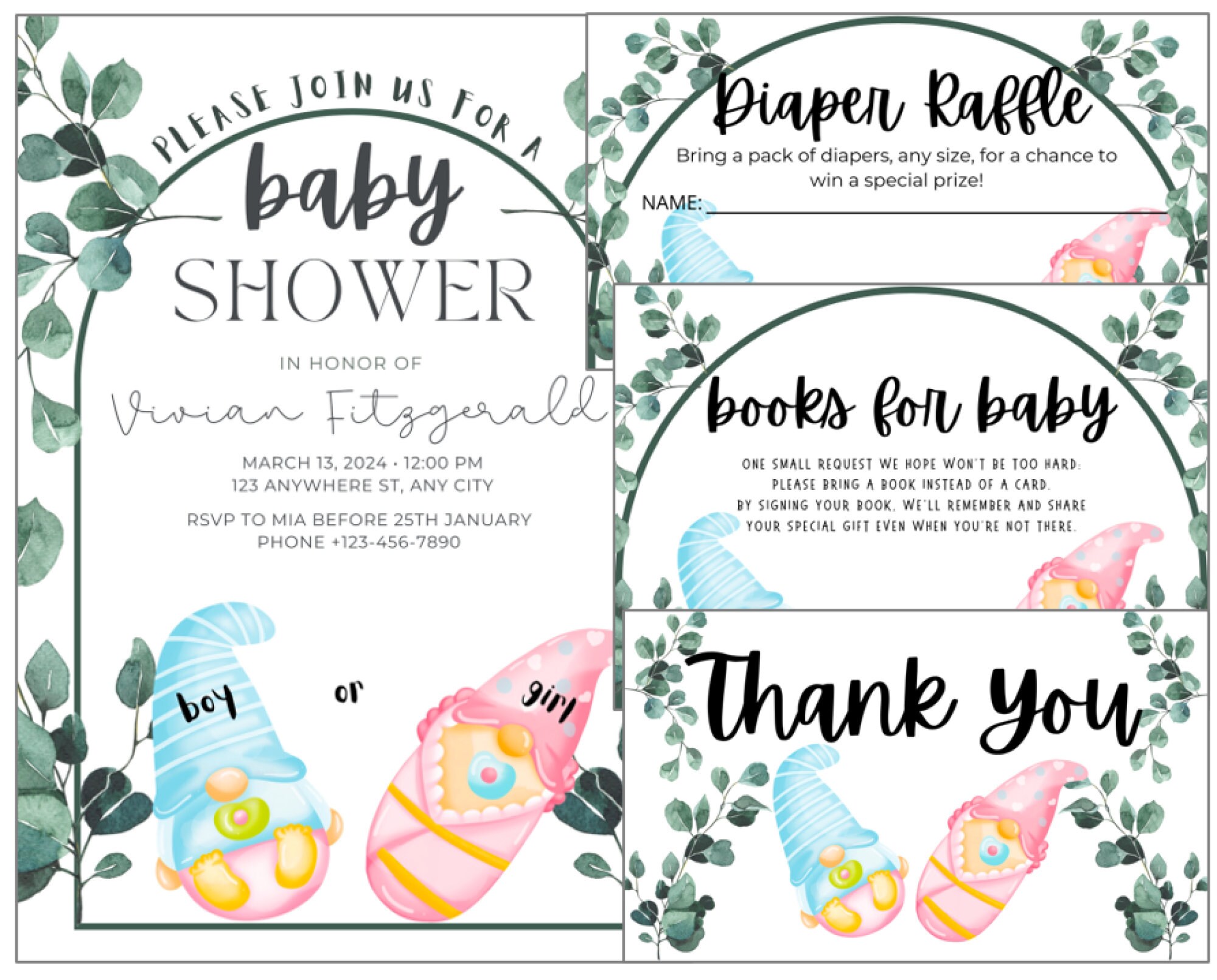 Editable Baby Gnomes, Gender Reveal Invitation Suite Templates, Diaper ...