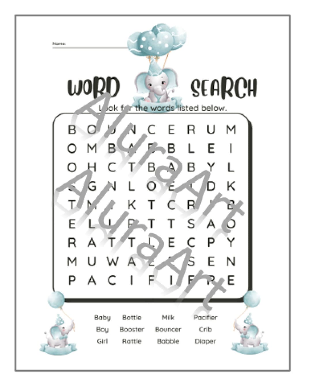 Baby Boy Elephant Word Search Baby Shower Activity, Digital Download ...