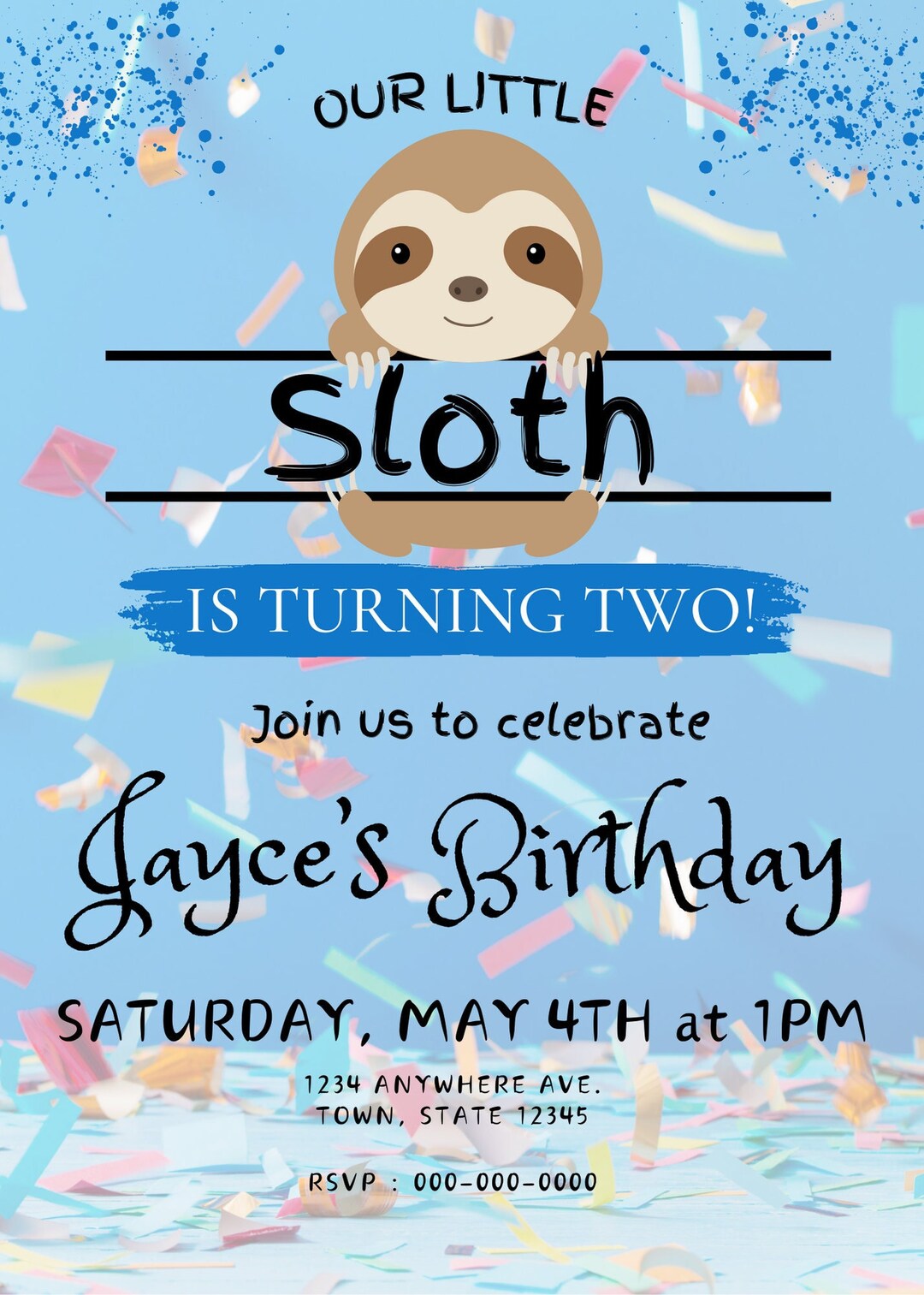 Editable Blue Themed Sloth Birthday Invitation Link and Download Only ...