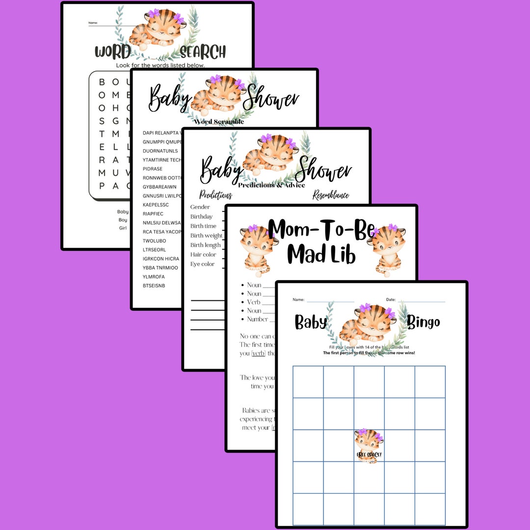 5 Baby Girl Tiger Baby Shower Activity Pack, Digital Download ...