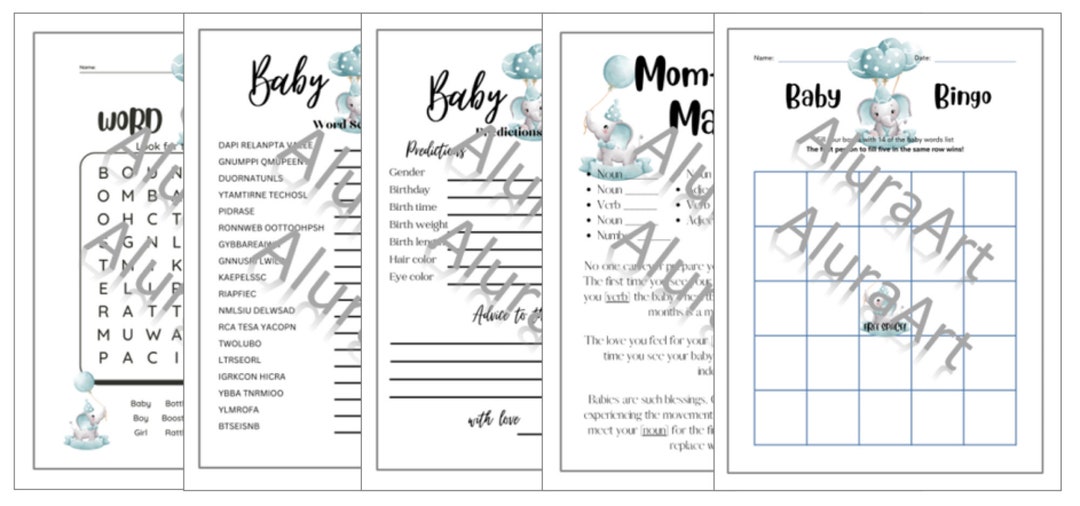 Cute Baby Boy Elephant Themed Baby Shower Party 5 Pack Activities ...