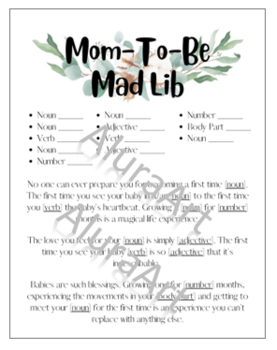Eucalyptus Mom-to-be Mad Lib Baby Shower Party Activity, Digital ...