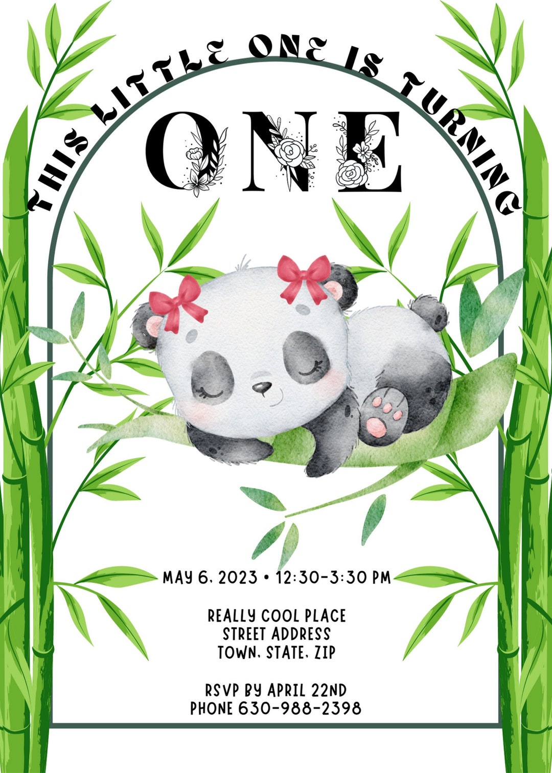 Editable Baby Girl Panda Turning One, 5x7 Vertical First Birthday ...