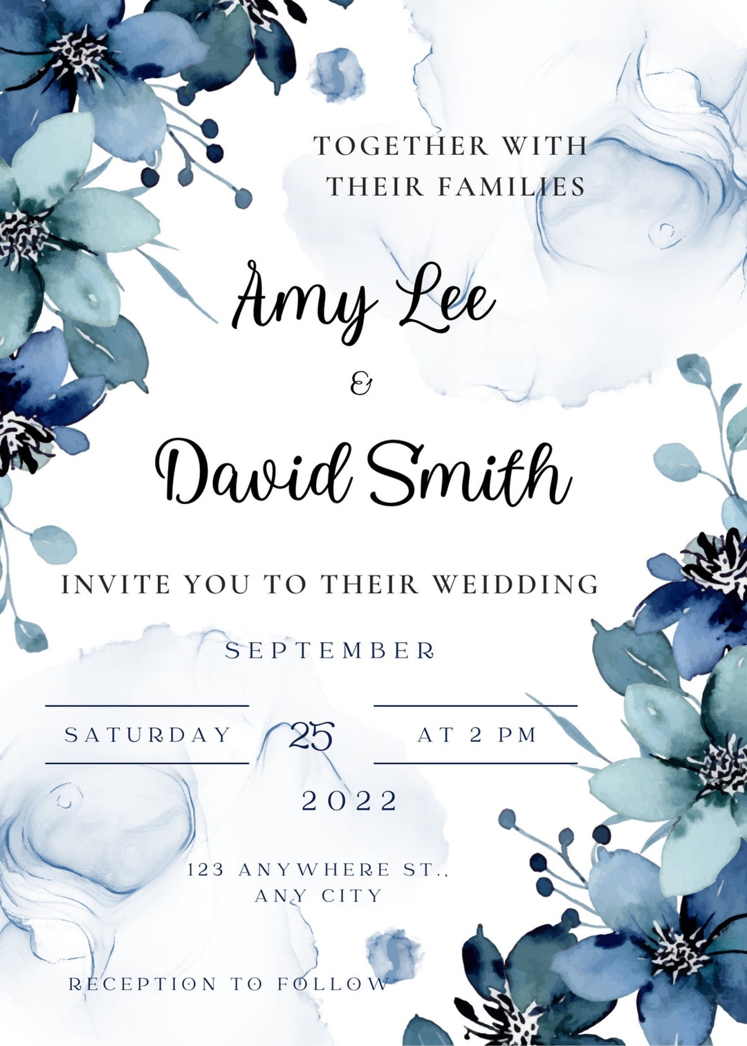 Editable Blue Floral Wedding Invitation Suite Templates, Invites, Save ...