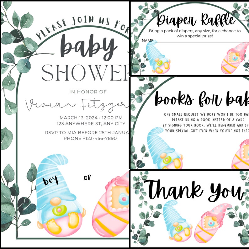 Editable Baby Gnomes, Gender Reveal Invitation Suite Templates, Diaper ...