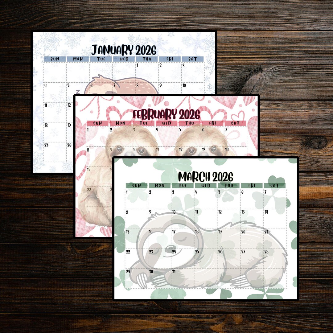 2026 Sloth Themed Calendar, Digital Download, PDF File. - Etsy