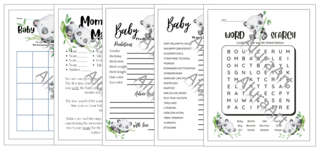 Cute Baby Panda Themed Baby Shower Activity Bundle, Digital Download ...