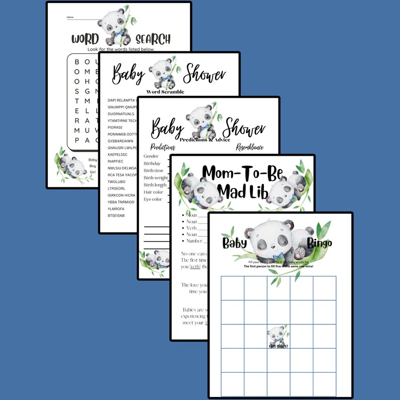 5 Baby Boy Panda Baby Shower Activity Pack, Digital Download, Printable ...
