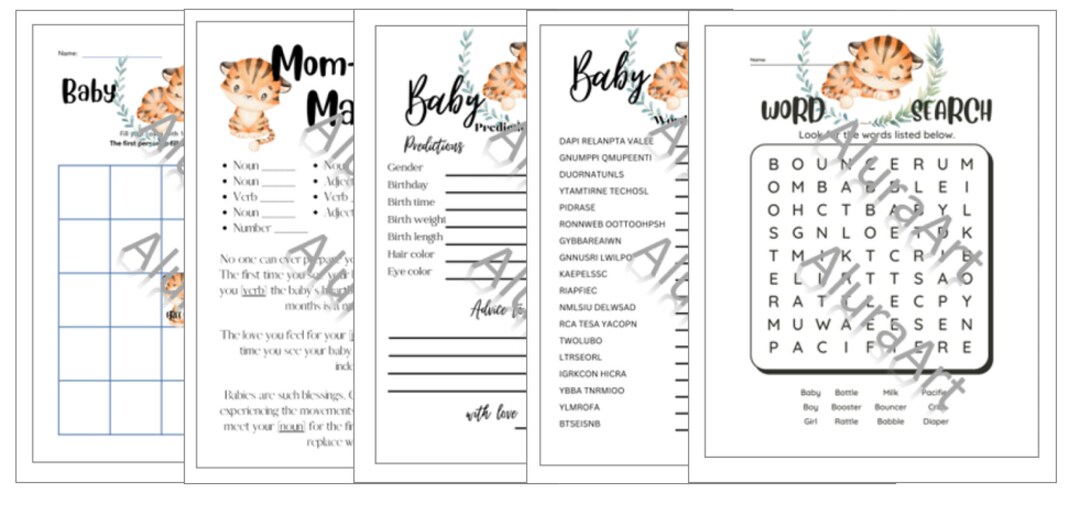 Cute Baby Tiger Themed Baby Shower Activity 5 Pack Bundle, Digital ...