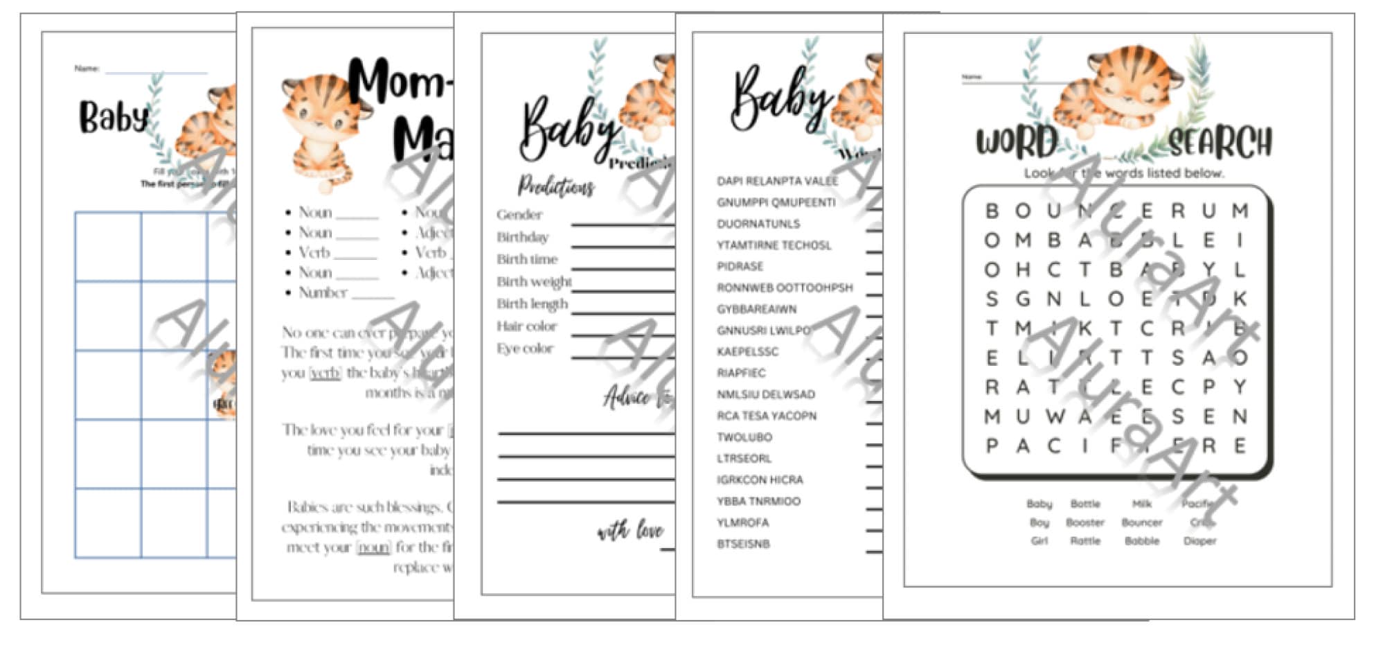 Cute Baby Tiger Themed Baby Shower Activity 5 Pack Bundle, Digital ...
