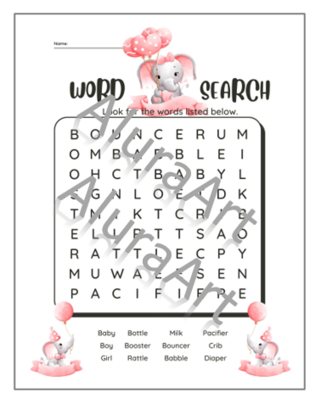 Baby Girl Elephant Word Search Activity, Digital Download, Printable ...