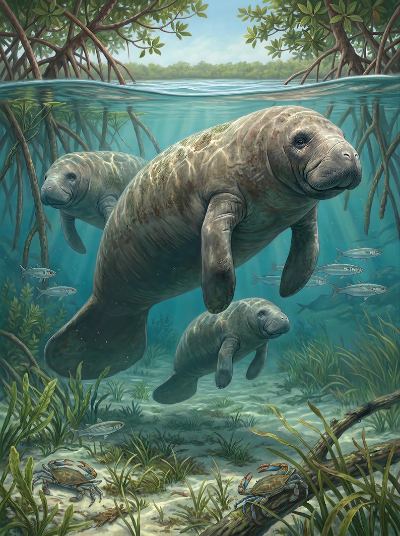 Manatees Swimming in Florida Mangroves - Florida Coastal Wall Art ...