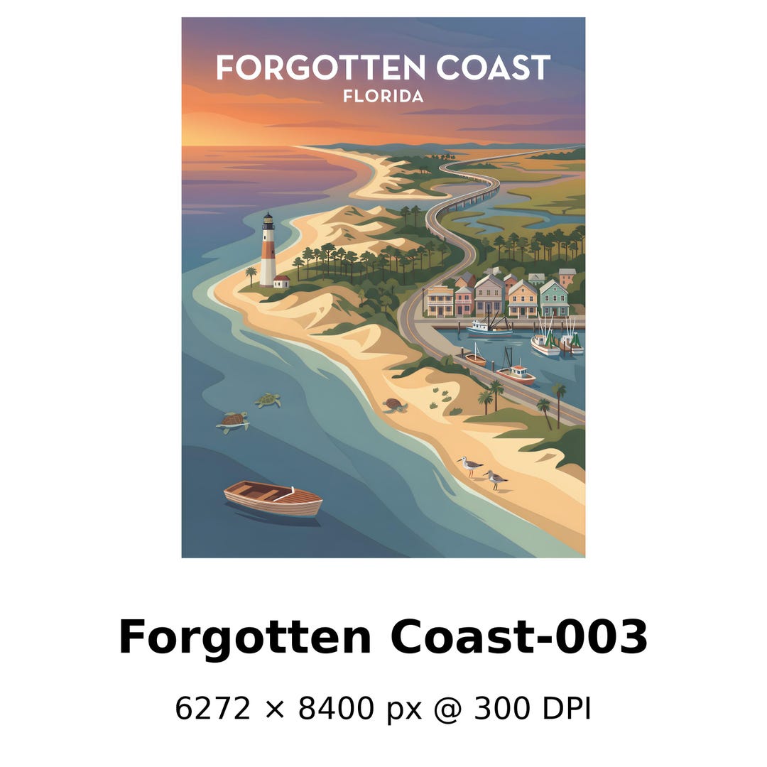 Forgotten Coast Florida Travel Poster, Coastal Lighthouse Illustration ...