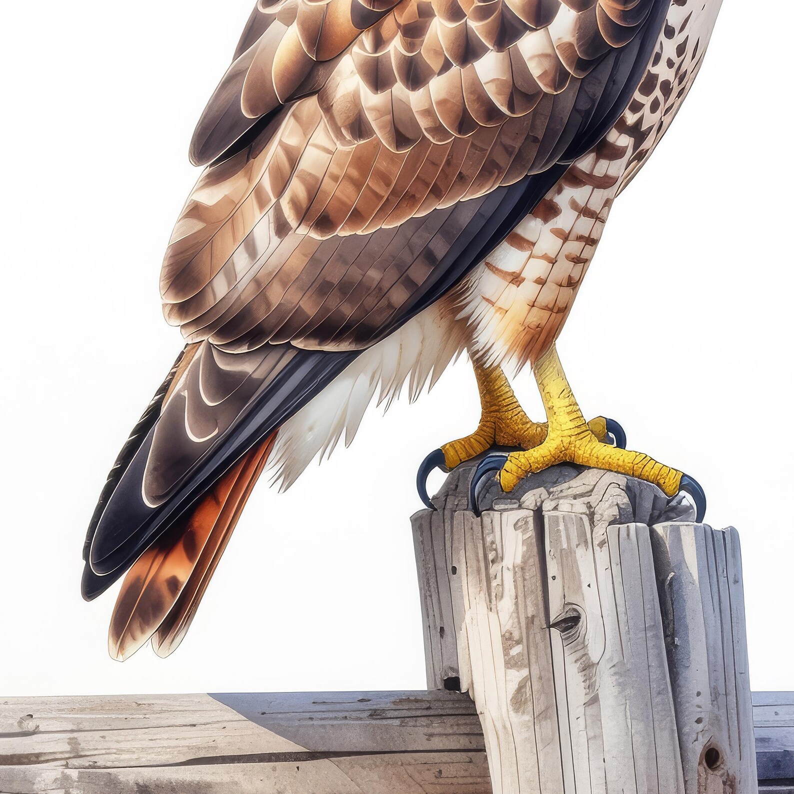 Red-tailed Hawk on Fence Post With Clean White Background Watercolor ...