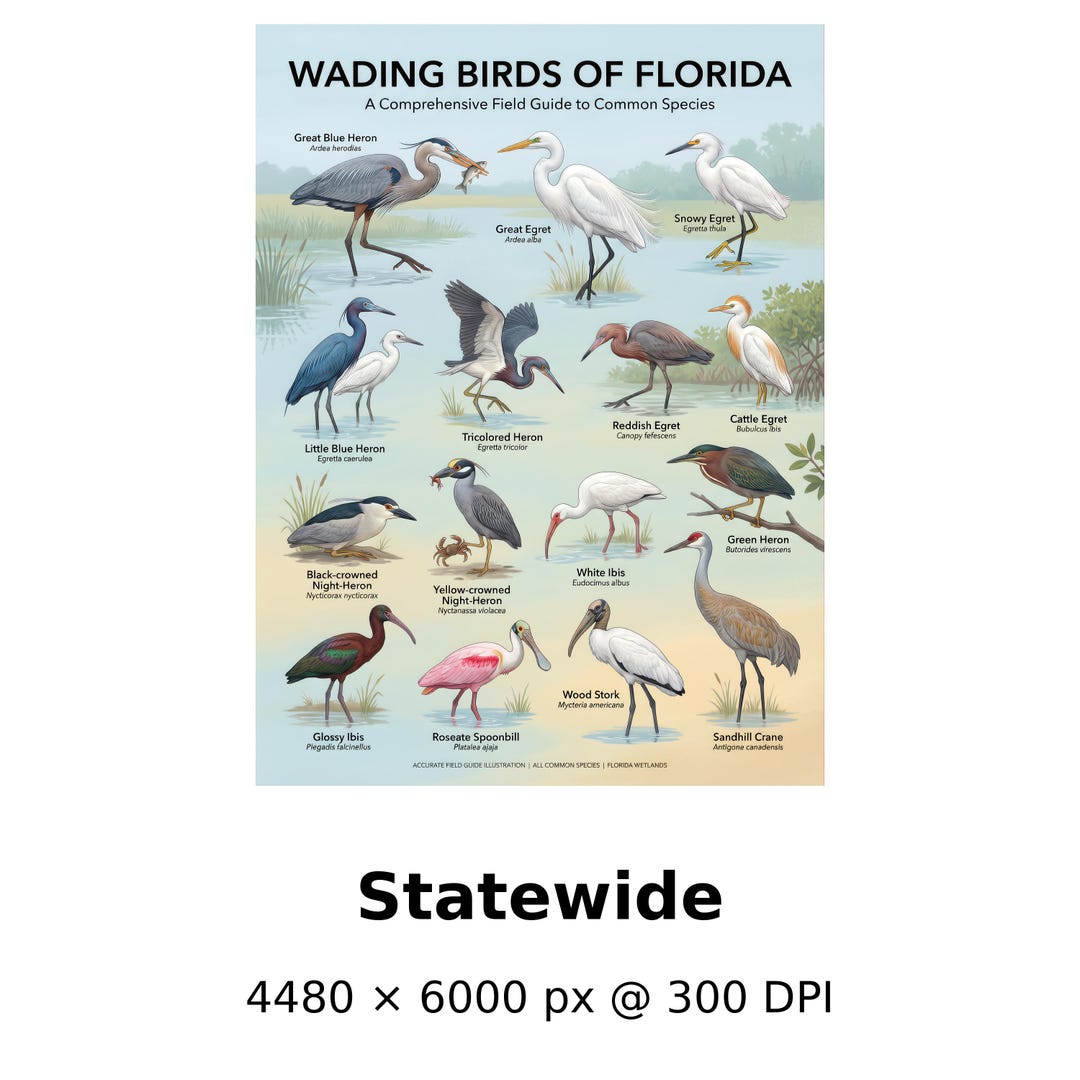 Florida Wading Birds Field Guide Poster, Wetland Art (digital Download ...