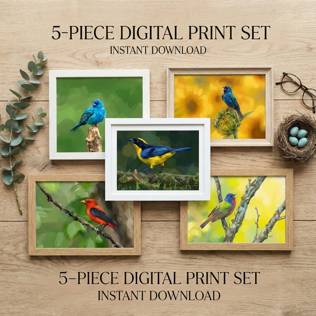 Set of (5) Vibrant Gouache-style "songbird" Bird Art Print | Digital ...
