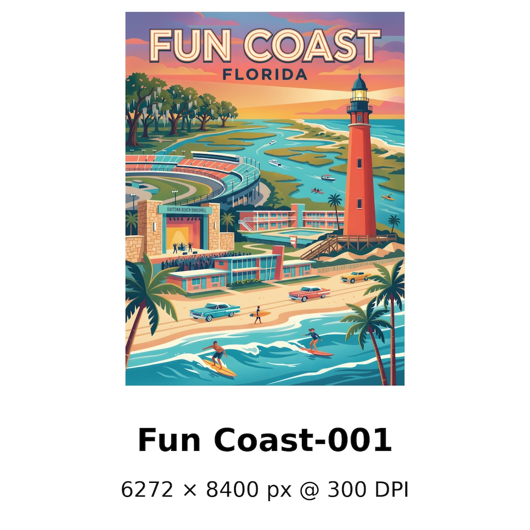 Fun Coast Florida Travel Poster, Daytona Beach Art (digital Download ...