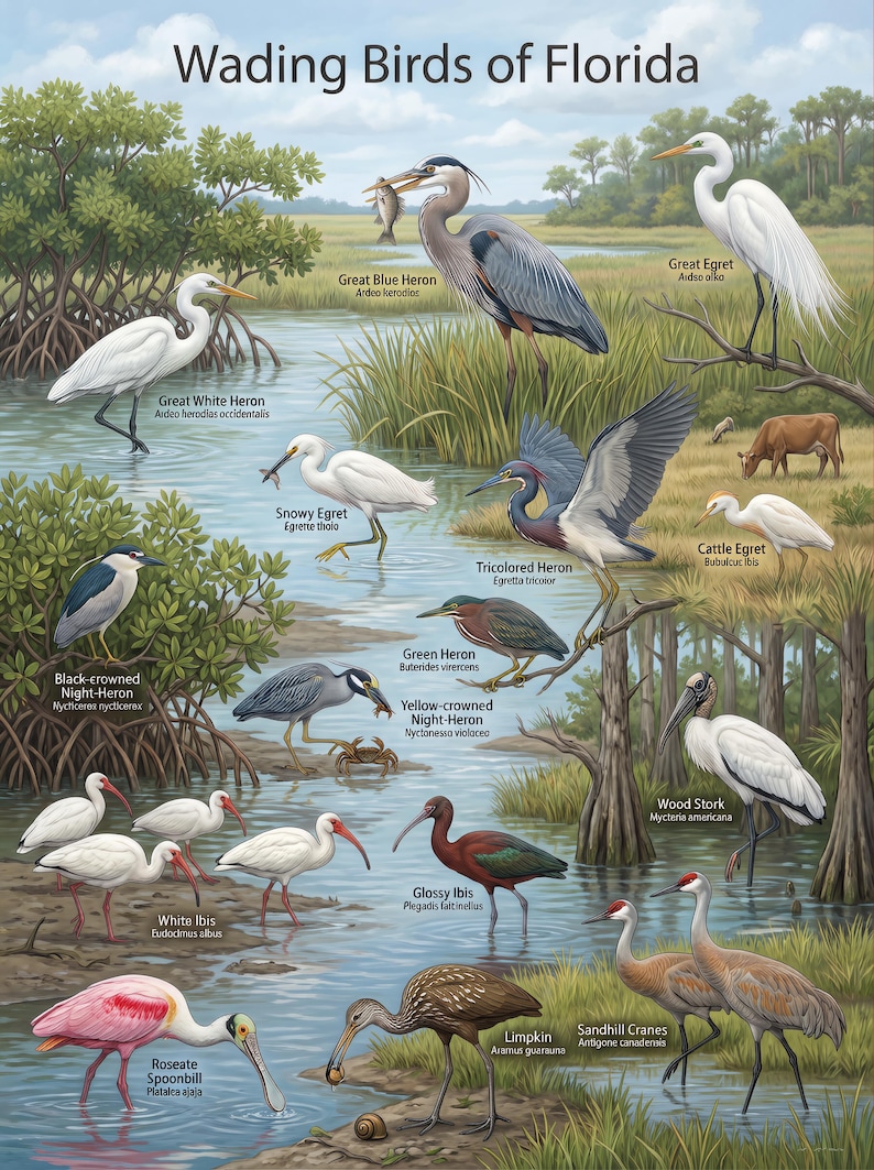 Florida Wading Birds Field Guide Poster, Herons, Egrets (digital ...