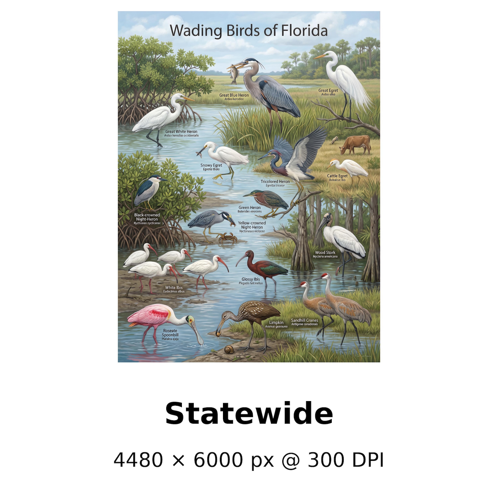 Florida Wading Birds Field Guide Poster, Herons, Egrets (digital ...