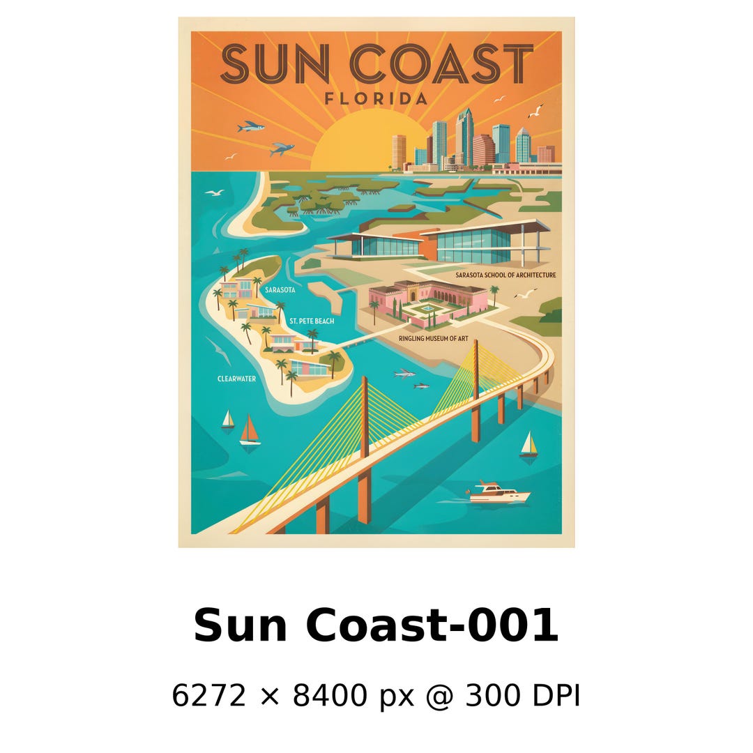 Sun Coast Florida Travel Poster, Mid-century Modern Illustration ...