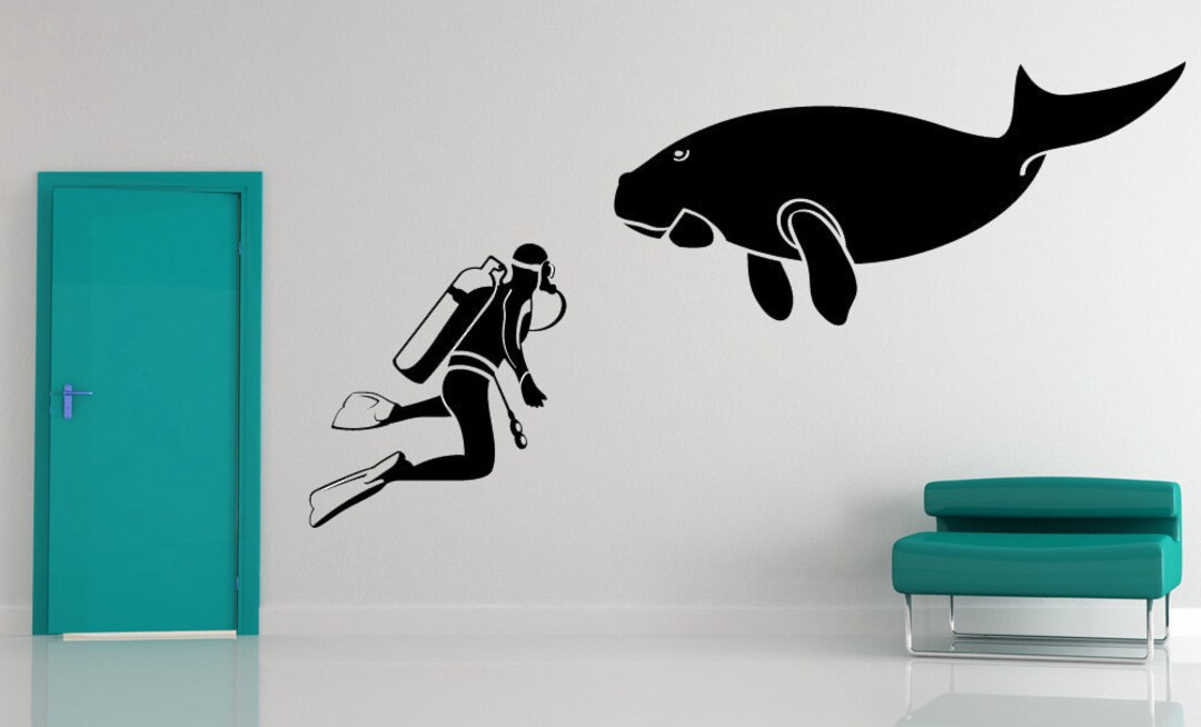 Scuba Diving Gifts, Manatee Sticker, Dugong Decor, Scuba Diver Wall Art ...