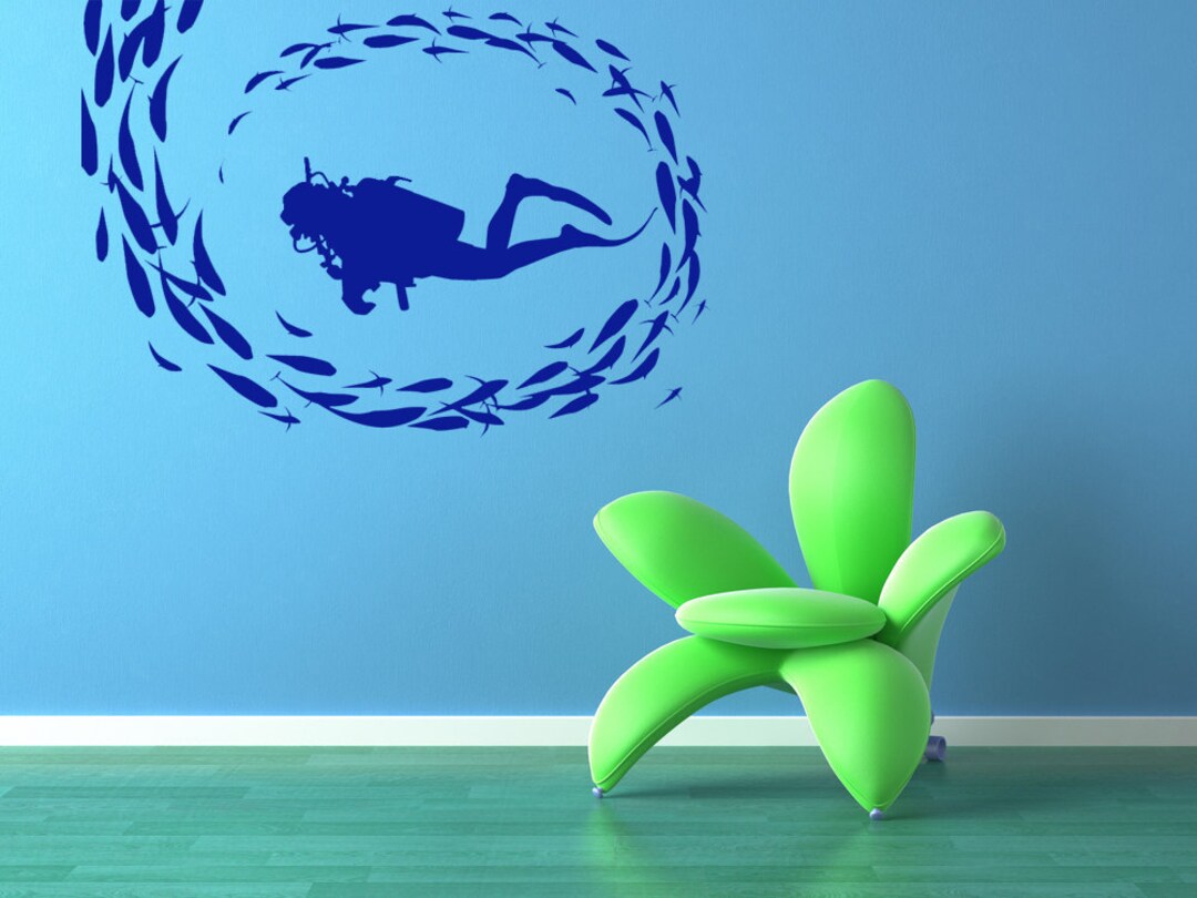 Scuba Diver Wall Decal, School of Fish Artwork, Underwater Ocean Scene ...