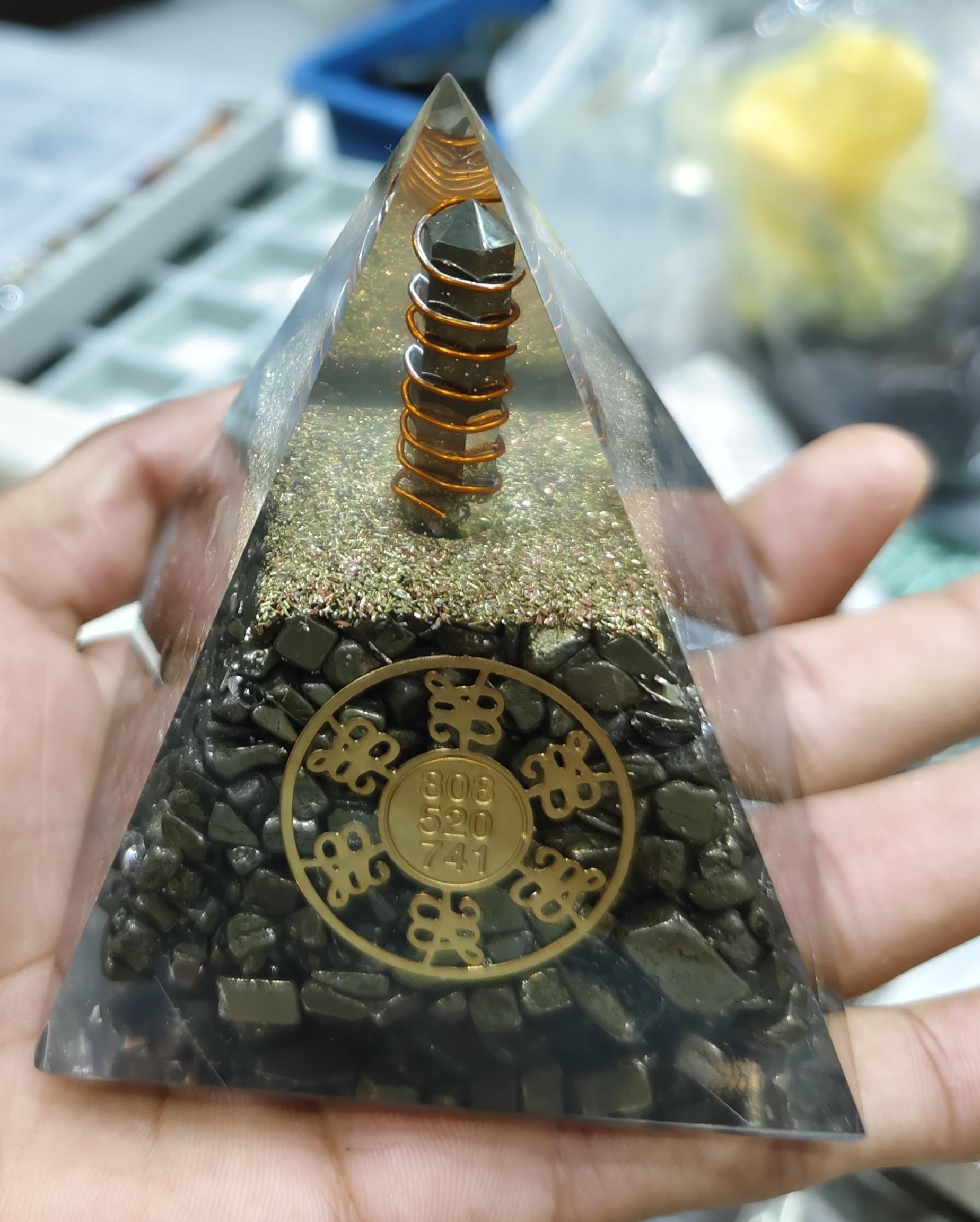 Pyrite Orgone Pyramid With Copper Coil & Energy Symbol | Handmade ...