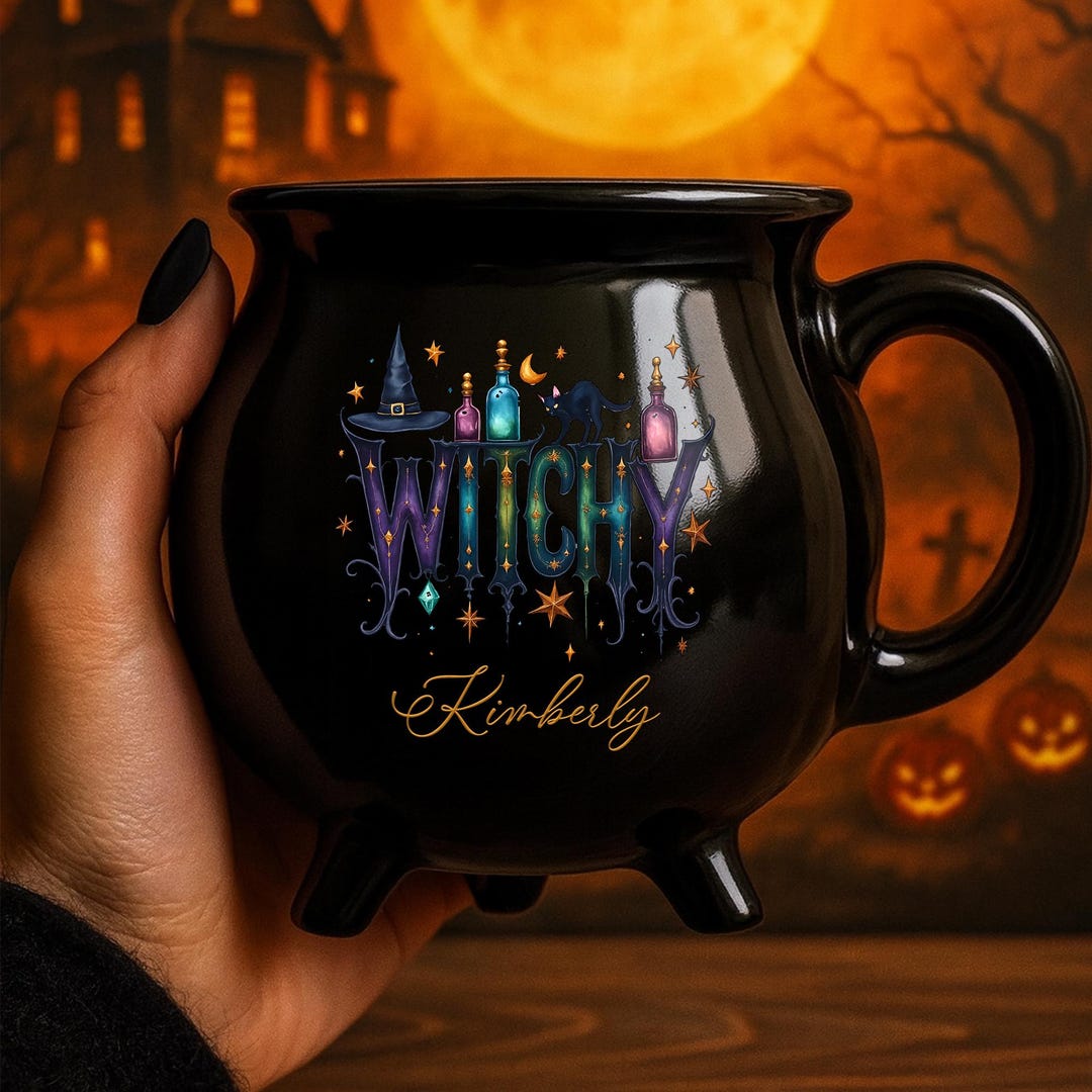 Personalized Witchy Cauldron Mug, Custom Name Black & Purple Potion Cup ...