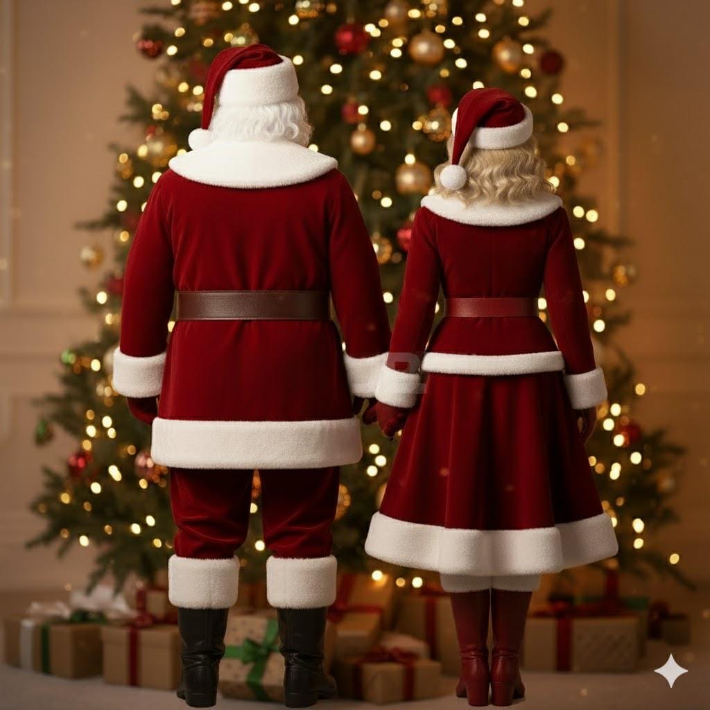 Mr and Mrs Claus RED Costume: Velvet Santa Suit & Long Dress Matching ...