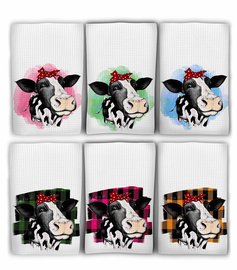 Cows With Watercolor or Plaid Background Tea Towels, Kitchen Towel ...