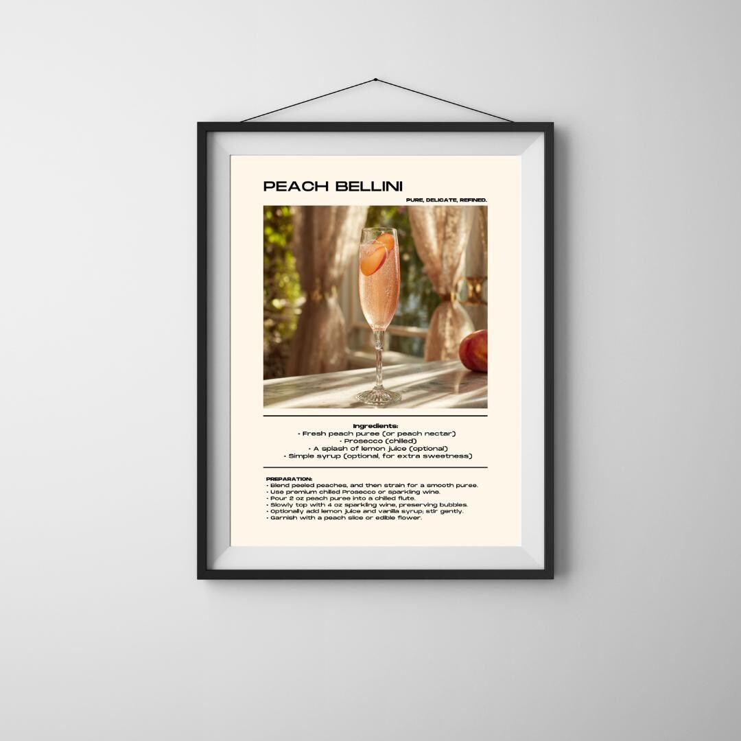 Peach Bellini Recipe Poster – Modern Cocktail Wall Art - Bar Cart Print ...