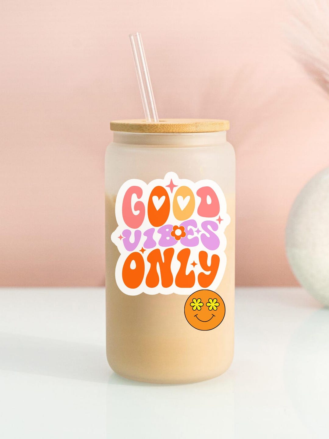 Good Vibes Glass Cup – Iced Coffee, Bamboo Lid & Straw - Etsy