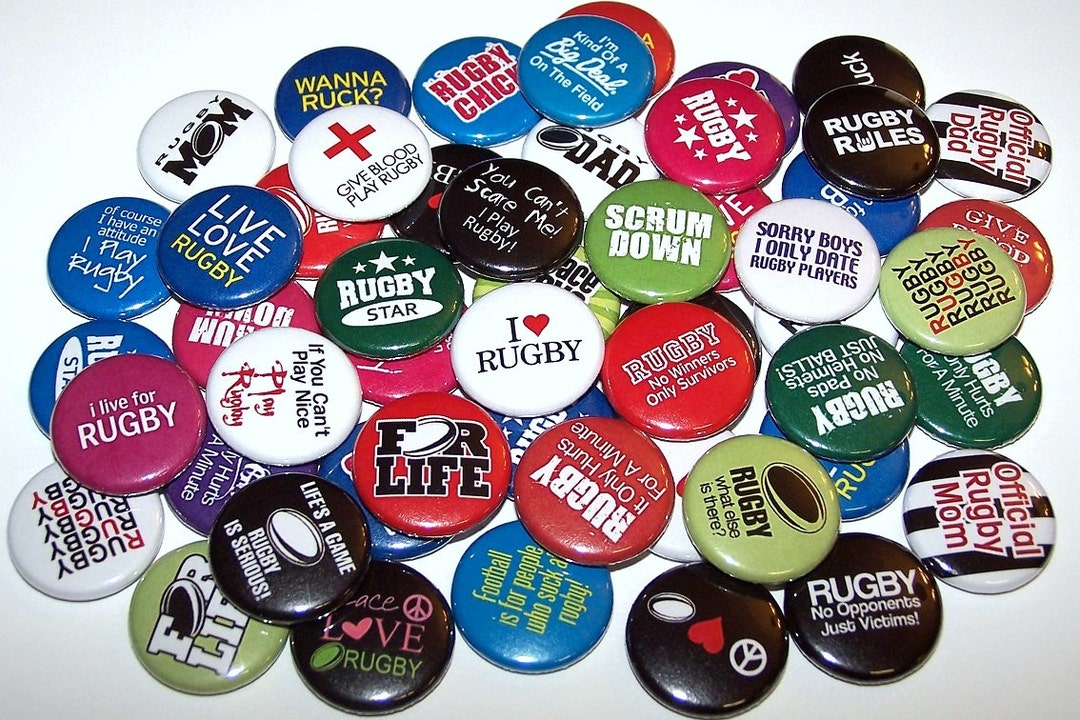 Rugby Theme Set of 10 Buttons 1" or 1.5" Pin Back Buttons or Magnets ...