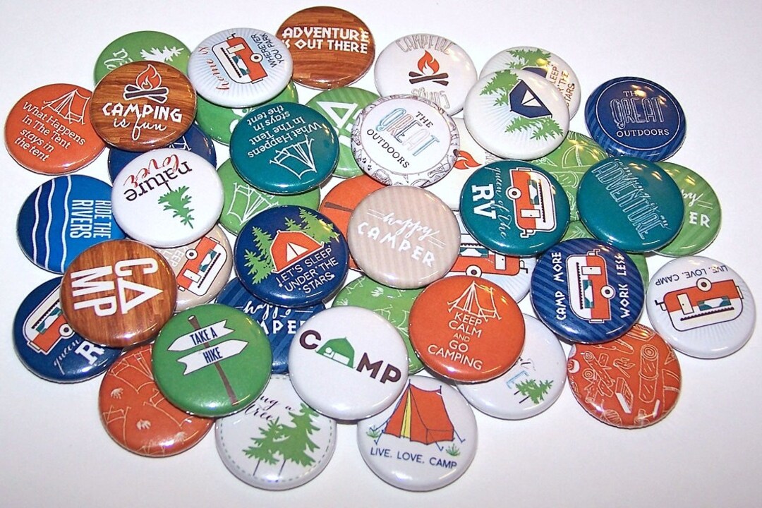 Happy Camper Great Outdoors Party Favor Set of 10 Buttons 1" or 1.5 ...