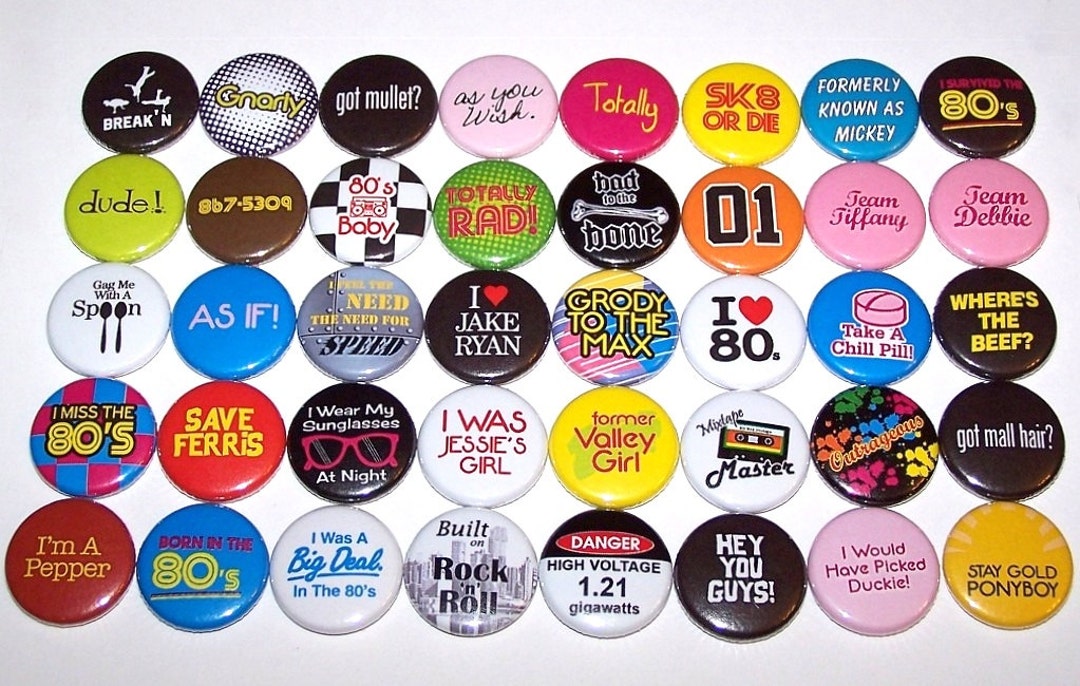 Everything 80's Buttons (40 Pack) Party Favors, 80s Pins, 1" or 1.5" or 2.25" Pinback Buttons or ...