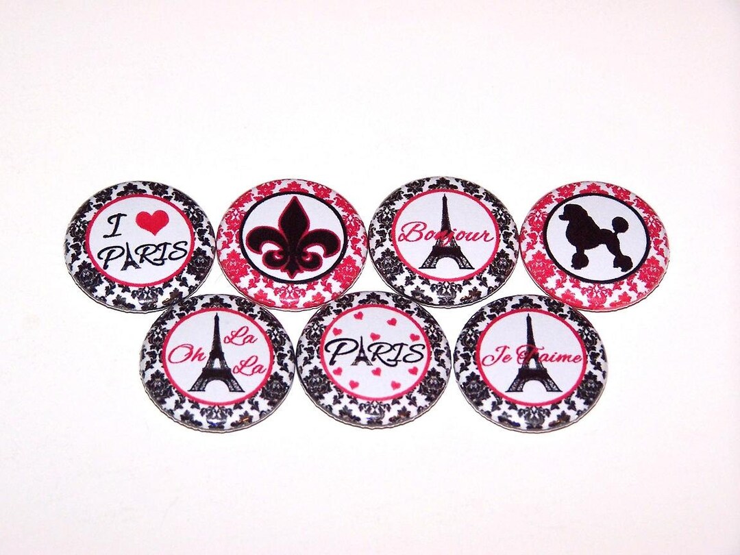 Paris Set of 7 Buttons 1 Inch Pin Back Buttons Pink Black 1" Pins or ...