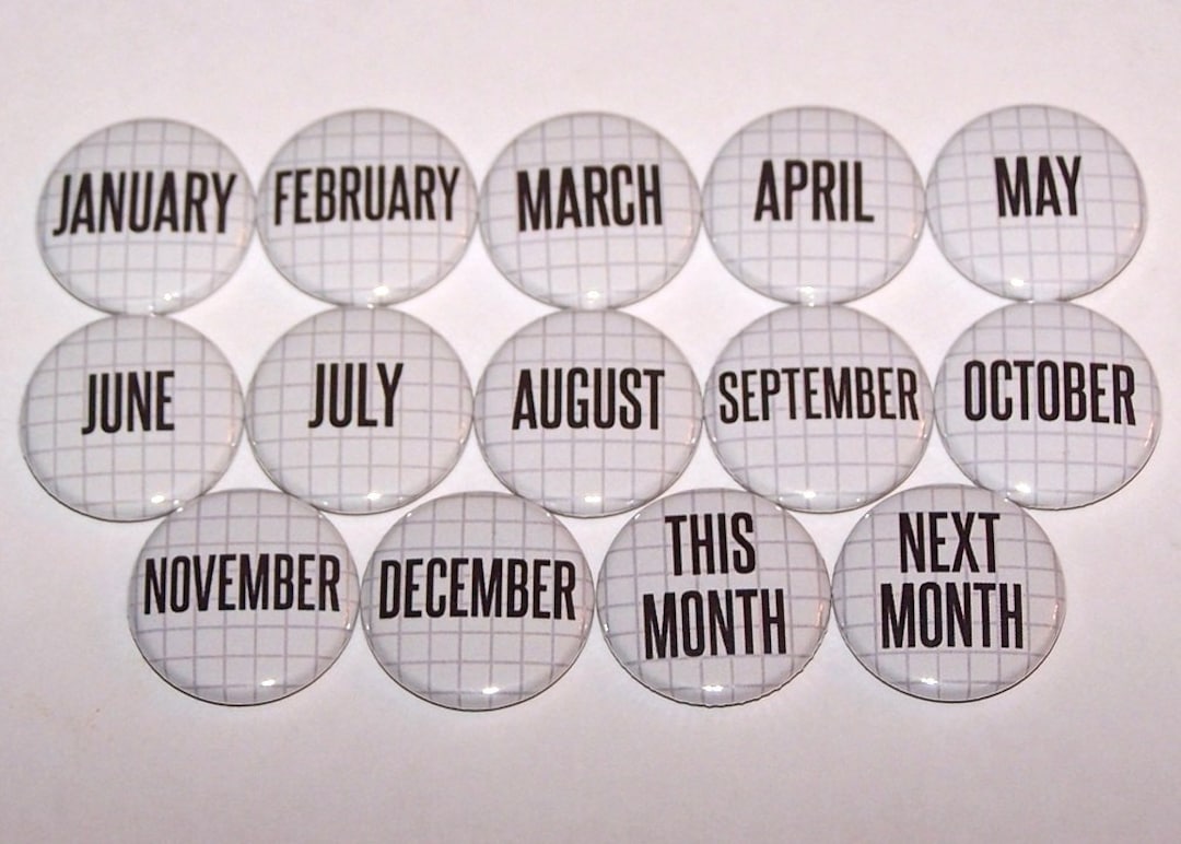 Months of the Year (14 Pack) Pin Back Buttons, 12 Calendar Month Pins ...