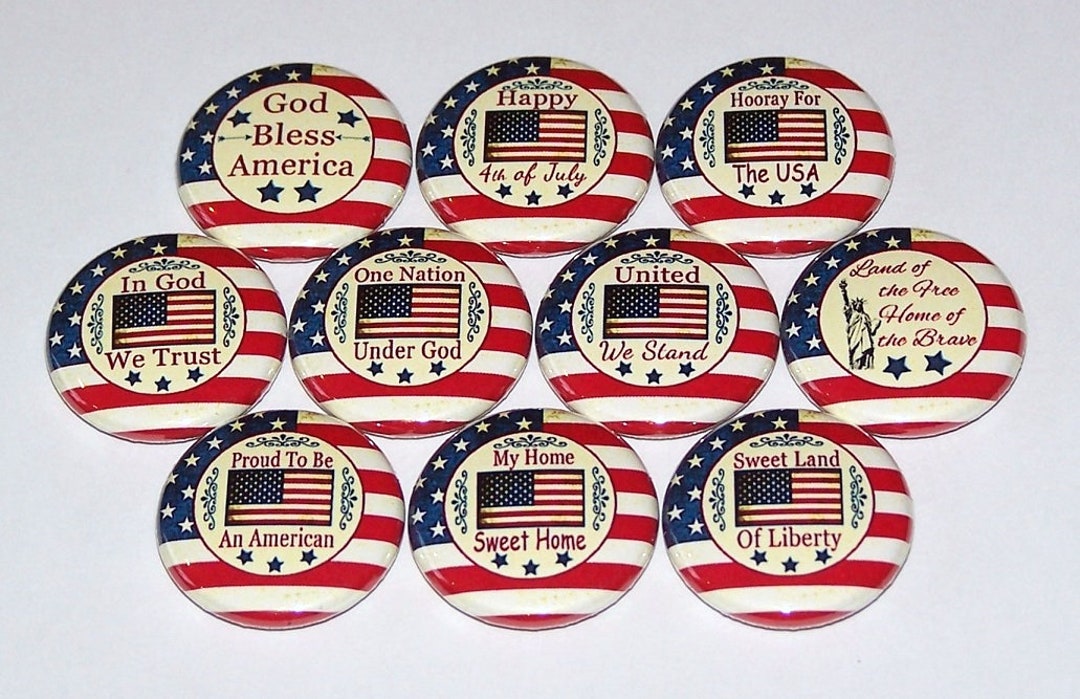 4th of July Pins (10 Pack) USA Flag Buttons Party Favors Pins 1" or 1.5 ...