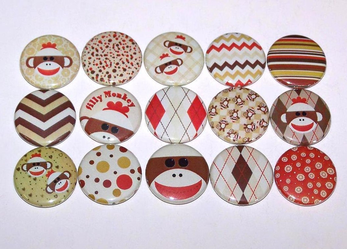 Sock Monkey & Patterns Mix Set of 15 Buttons 1 Inch Pin Back Buttons 1 ...