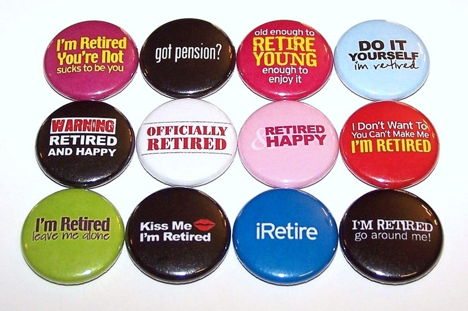 Retirement Party Favor Pins Set of 12 Retired Buttons 1" or 1.5" Pin ...