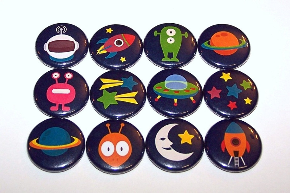 Life in Outerspace Pins (12 Pack), Spaceship Alien Party Favors, 1" or ...