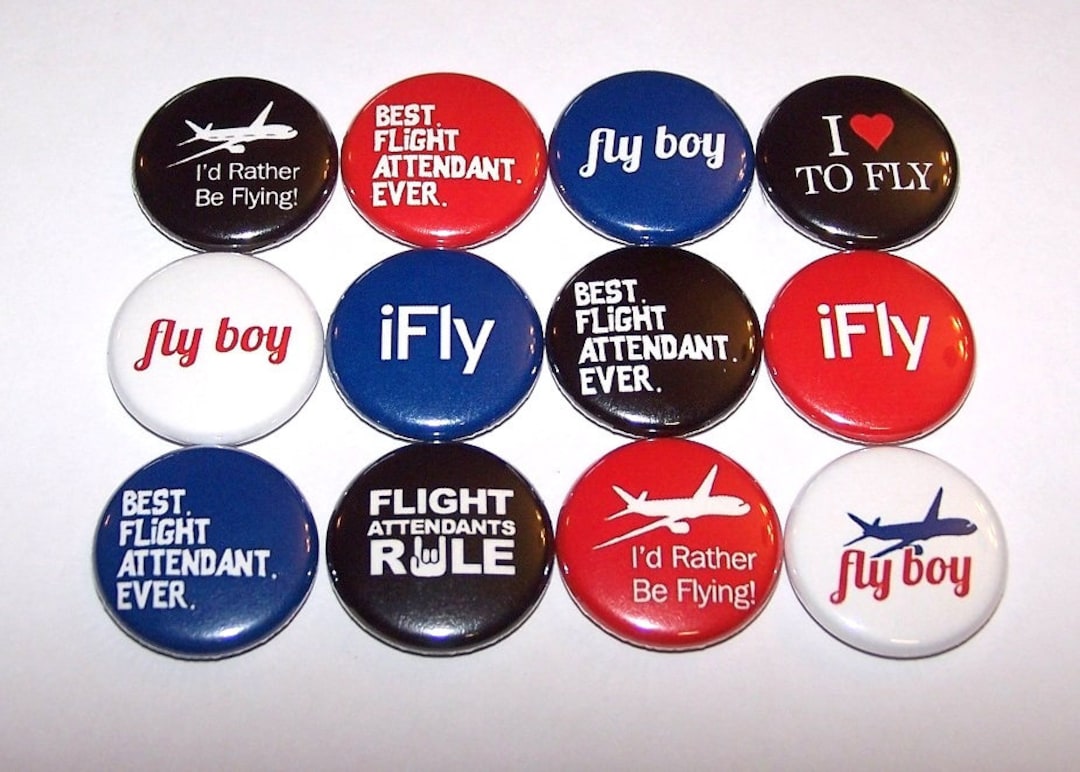Flight Attendant Fly Boy Set of 12 Buttons 1" or 1.5" Pin Back Buttons ...