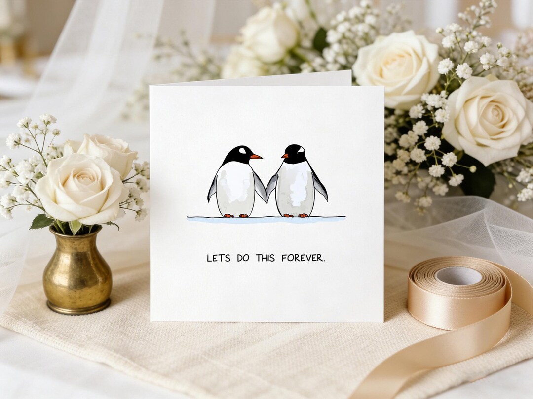 Penguin Couple Love Greeting Card, Cute Minimal Illustration, Romantic ...