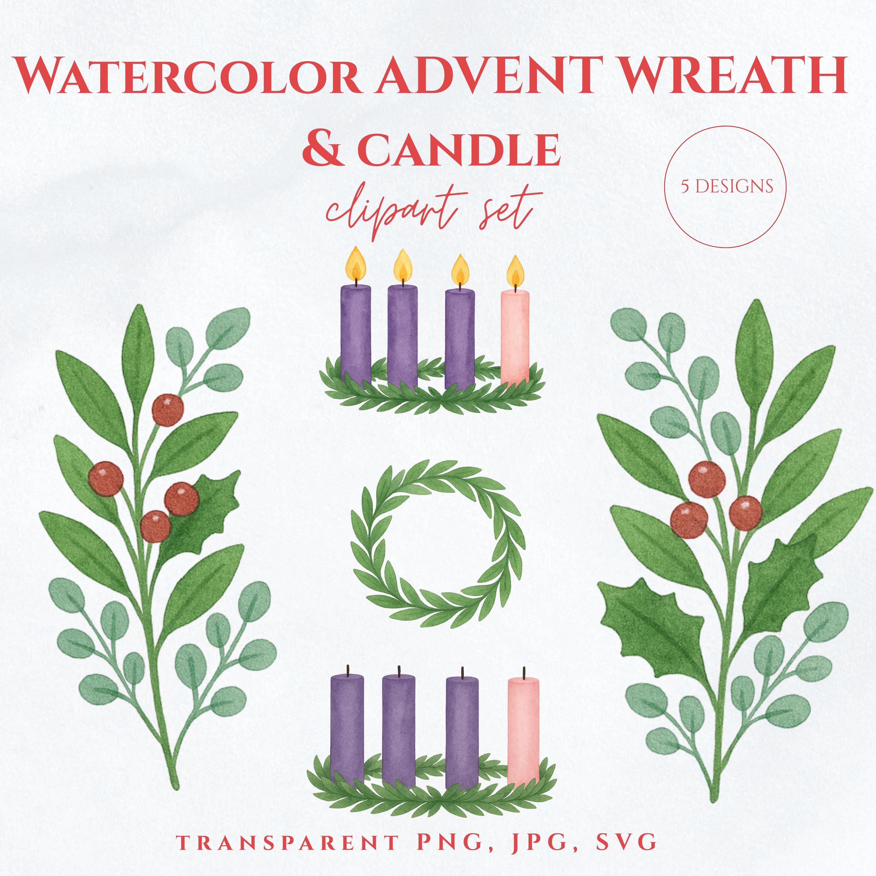 Watercolor Advent Wreath & Candle Clipart Set | Catholic Christmas PNG ...