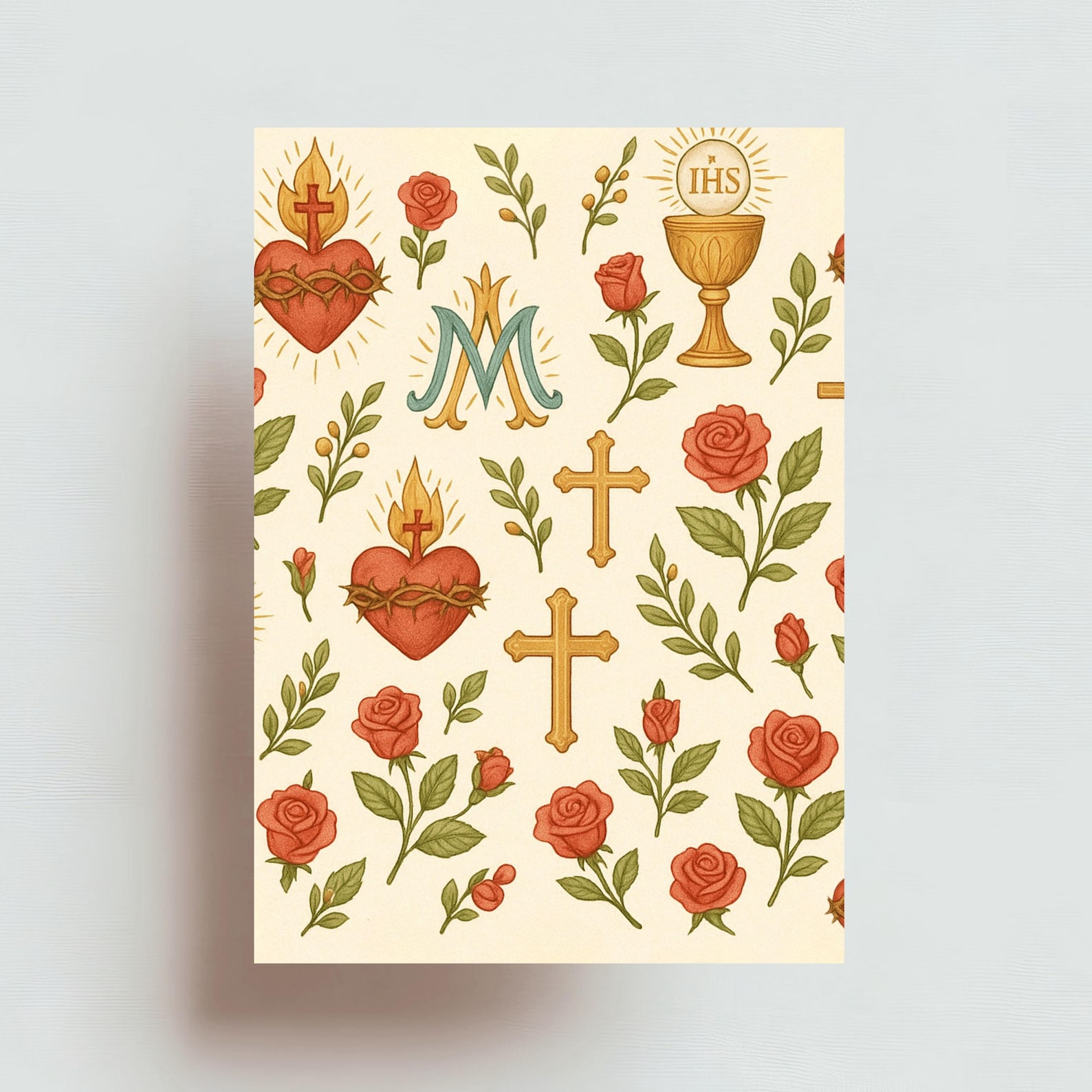 Sacred Heart Digital Paper | Catholic Symbols Pattern | Marian Monogram ...