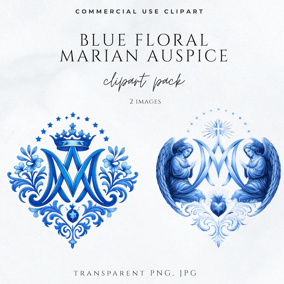 Marian Monogram Clipart, Blue Floral Marian Auspice, Catholic Marian ...