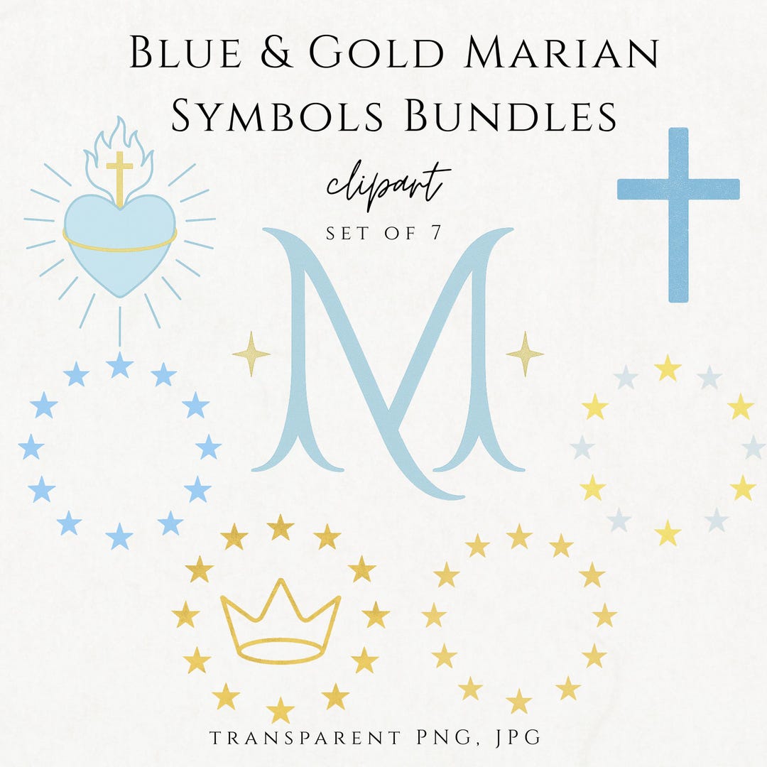 Catholic Marian Clipart PNG Bundle, Blue & Gold Marian Symbols, Virgin ...